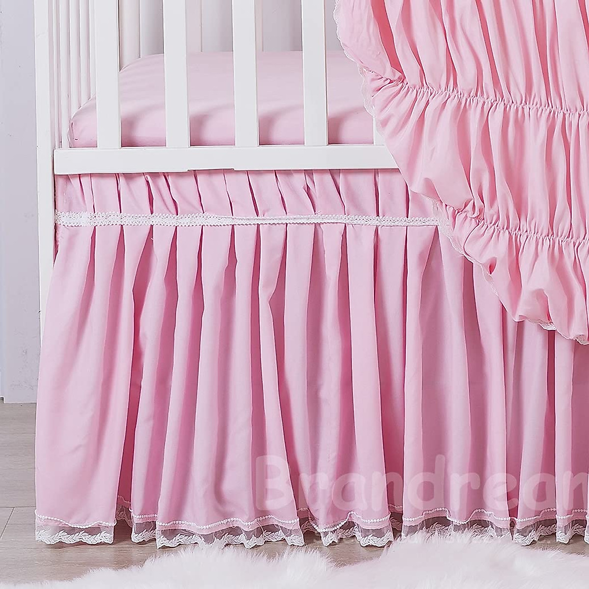 Brandream Baby Nursery Bedding Girls Pink Crib Bedding Set Luxury Ruffled Ruched Round Blanket, Fitted Sheet, Lace Skirt, 3 Piece
