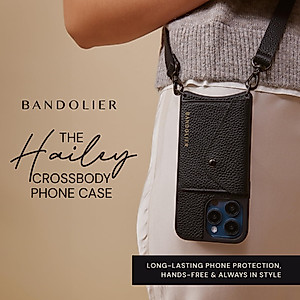 Bandolier Hailey Crossbody Wallet Phone Case for iPhone 15 Pro Max. 100% Genuine Pebble Leather with Pewter Hardware. Adjustable & Removable Strap. Expandable Flip Card Holder. Black with Pewter