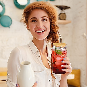 4pcs Set - Tinni’s Glass Cups with Bamboo Lids and Glass Straw - Reusable Beer Can Shaped Drinking Glasses, 16 oz Iced Coffee Glasses, Cute Tumbler Cup for Smoothie, Boba Tea -Cleaning Brush