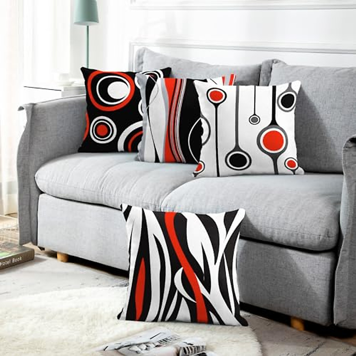 Emvency Set of 4 Throw Pillow Covers 16x16 Inches Decorative Cushion Modern Abstract Red Black White and Grey Wavy Vertical Stripes Dot Polyester Pillow Cases Square Pillocases for Bed Sofa
