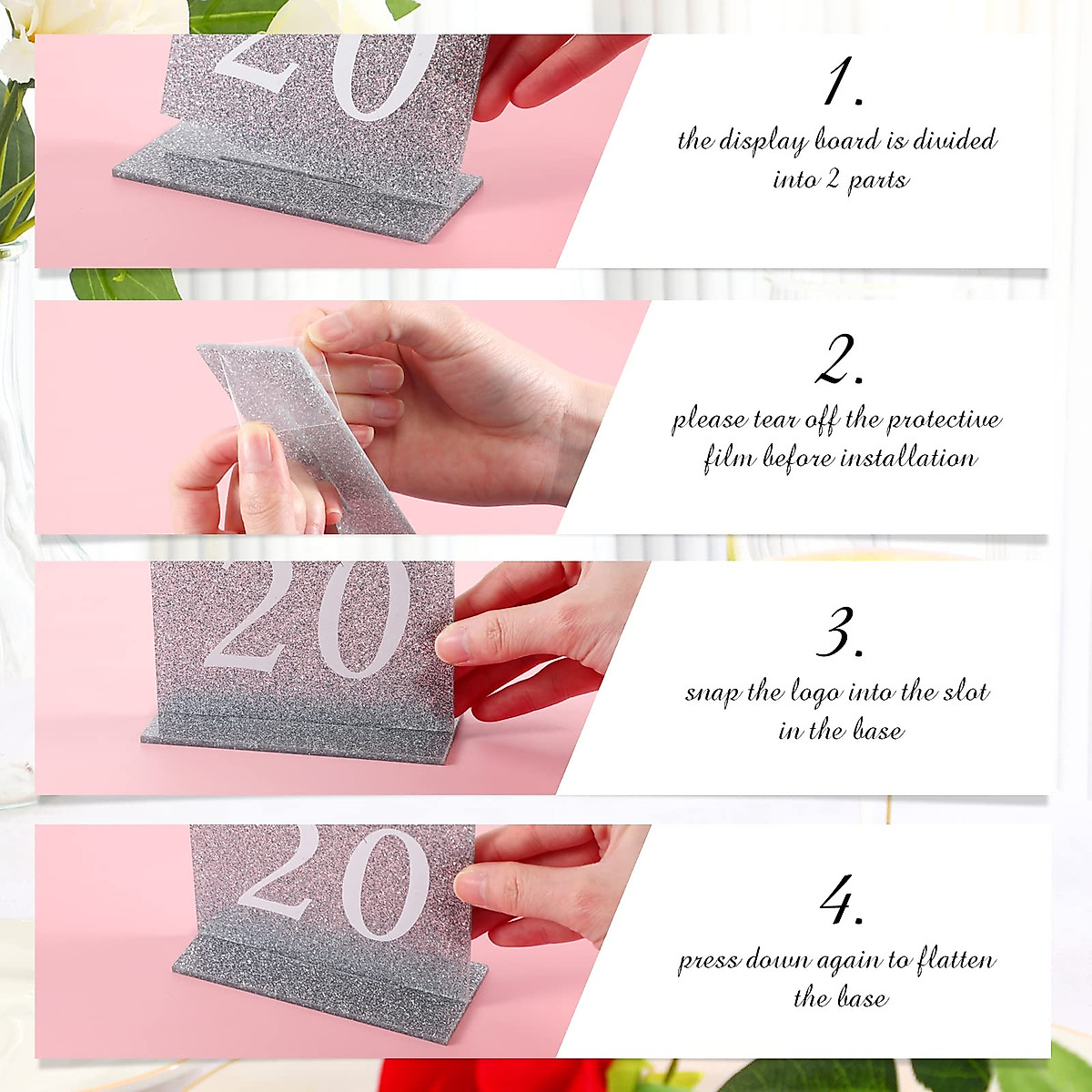 Geetery 20 Pcs Bling Table Numbers 1-20, Acrylic Wedding Table Number with Stands, 5 x 7 Inch Table Number Holders, Glitter Table Sign Numbers for Wedding Reception, Event, Party (Silver)