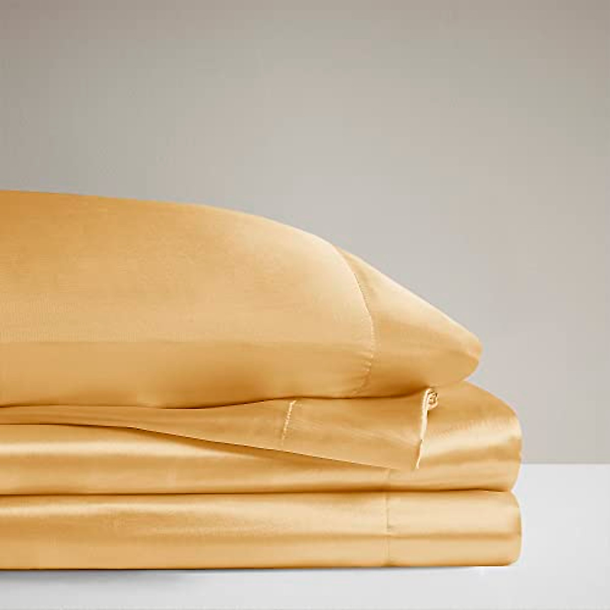 Madison Park Essentials Satin Sheets Queen Size, Luxurious Silky Satin Bed Sheets, Elastic 14" Pocket fits up to 16" Mattress, Wrinkle-Free, Soft Satin Bed Sheet Set, Gold 6 Piece