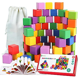 100PCS Wooden Building Blocks Stacking Game - 1 inch Rainbow Counting Blocks for Kids - Preschool Learning Educational Toys for Toddlers Boys Girls