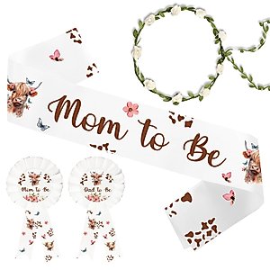 Highland Cow Mom to Be Sash Dad to Be Pin and Flower Crown Headband for Gender Reveals Party Baby Shower Party Favors Decorations for Boys and Girls Pregnancy Props Keepsake