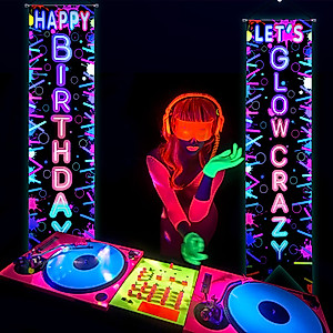 Tegeme Glow in the Dark Party Supplies Neon Happy Birthday Banner Crazy Porch Sign Glow Party Backdrop for Black Light Neon Themed Birthday Party Decorations