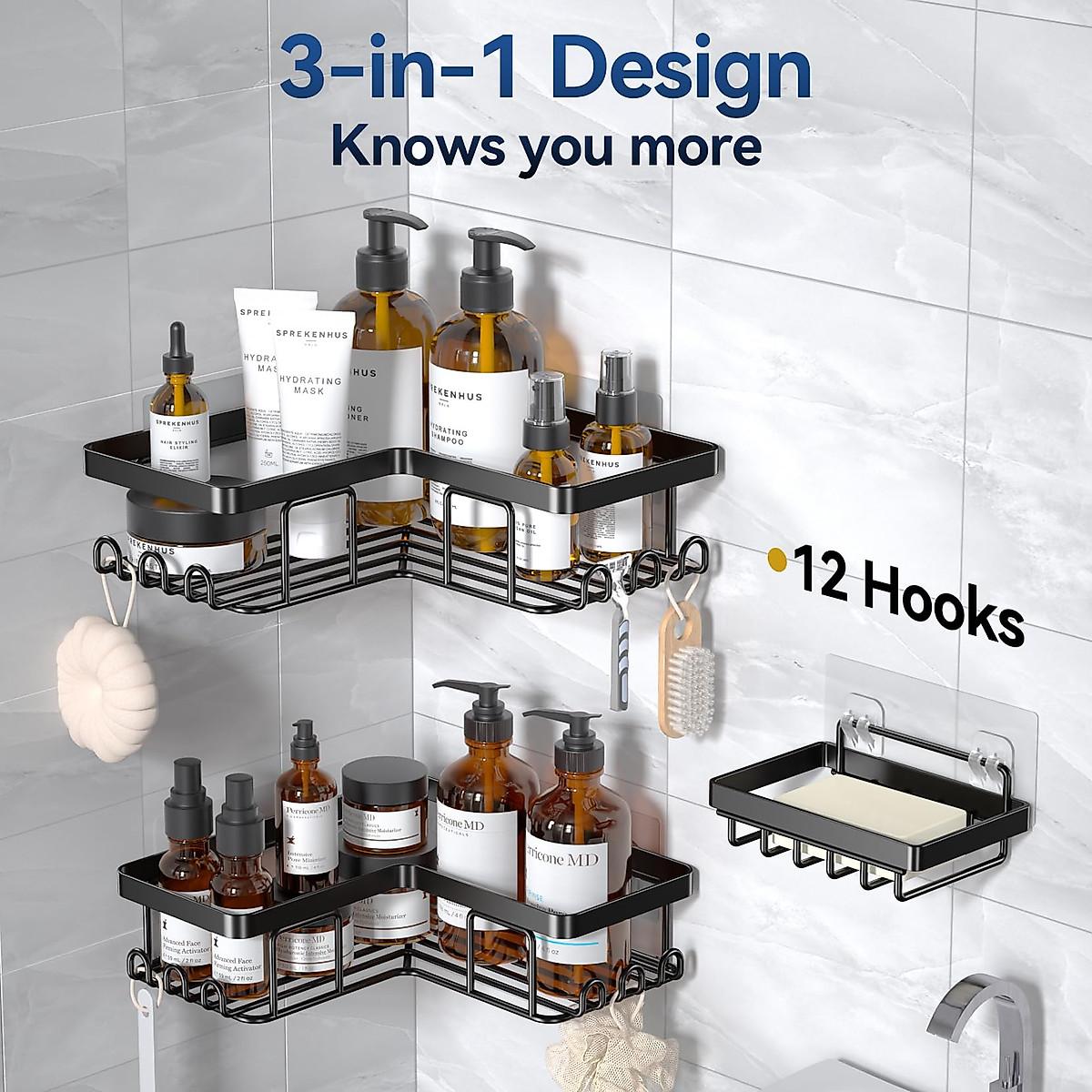 YASONIC Corner Shower Caddy, 3-Pack Adhesive Shower Caddy with Soap Holder and 12 Hooks, Rustproof Stainless Steel Bathroom Shower Organizer, No Drilling Wall Mounted Shower Rack, for Bathroom, Black