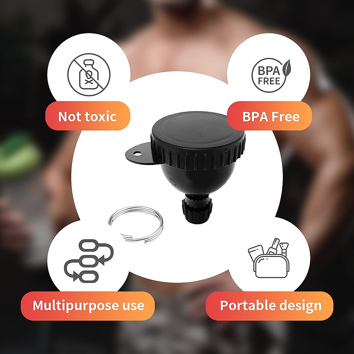 Protein Powder Container to Go Funnel 2 Pack Keychain for Shaker Cup Water Bottle Funnel for Gym Powders. (Funnel with keyring)