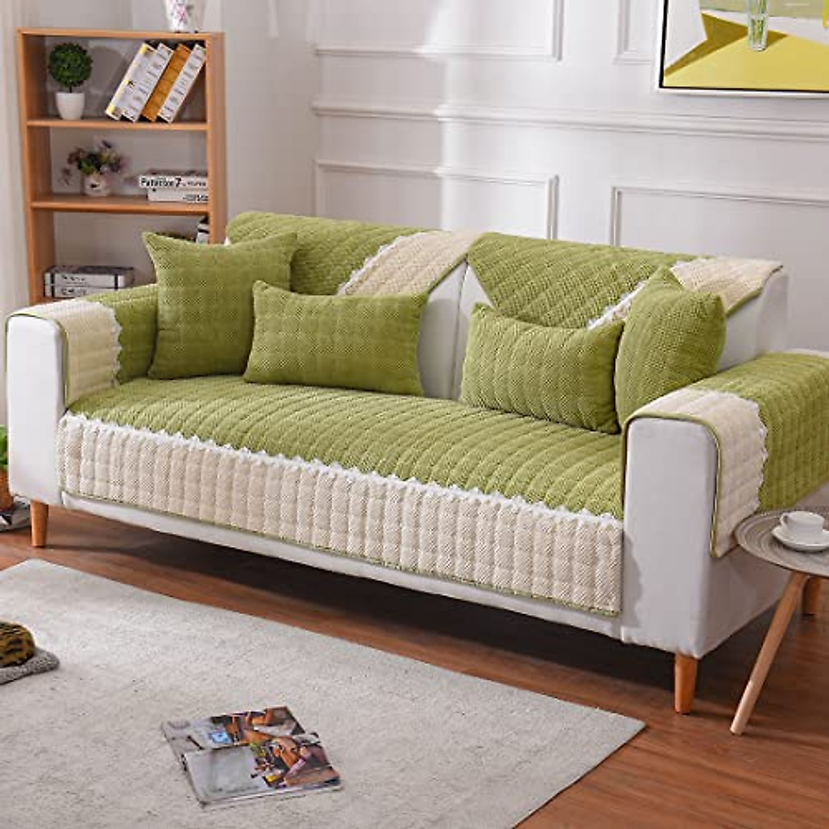 vctops Soft Corduroy Sofa Couch Cover, Plaid Sectional Couch Covers, Non-Slip Sofa Slipcover for Dogs Cats Kids(Grass Green,36"x94")