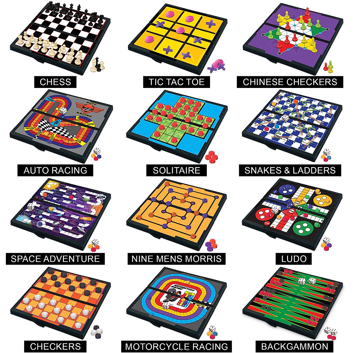 Magnetic Board Game Set by GAMIE - Includes 12 Retro Fun Games - 5" Compact Design - Individually Boxed - Teaches Strategy & Focus - Great for Road Trip/Travel/Camping - Best Gift for Kids Ages 6+