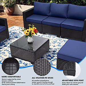 TINASUUS 6 Pieces Patio Furniture Sets, All-Weather Outdoor Furniture Wicker Patio Conversation Set Outdoor Sectional w Cushions for Porch Poolside Backyard Deck Lawn (Coffee-Dark Blue)