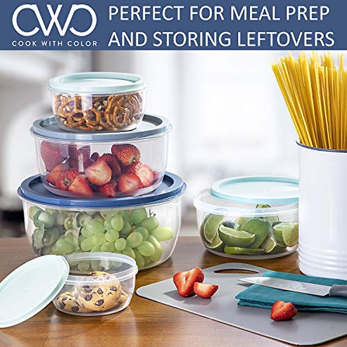 COOK WITH COLOR Round Food Storage Containers with Lids, Easy-Find Nesting Plastic Containers, 14 Piece Set (Blue Ombre)