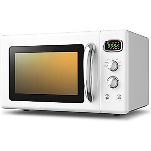 SIMOE Retro Microwave Oven, Compact Countertop Microwave 0.9 cu.ft. 900 W, Defrost & Auto Cooking Function, LED Display, Child Lock and Glass Turntable, ETL Certification, White