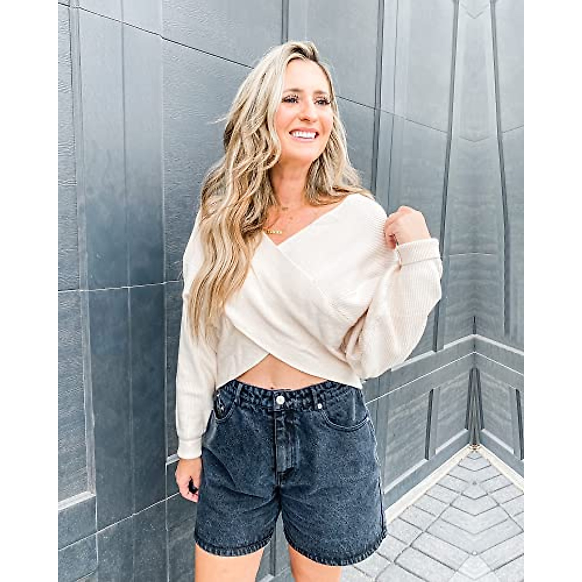 BTFBM Women Casual V Neck Long Sleeve Sweaters Cross Wrap Front Off Shoulder Asymmetric Hem Knitted Crop Solid Pullover(Solid Apricot, Small)