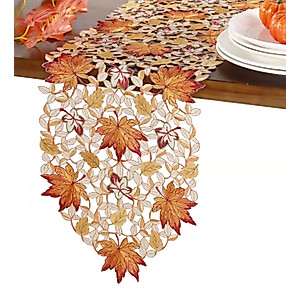 GRANDDECO Thanksgiving Harvest Table Runner Embroidered Cutwork Maple Leaves Dresser Scarf Table Cover Autumn Or Fall Decorations (Table Runner 13"x34")