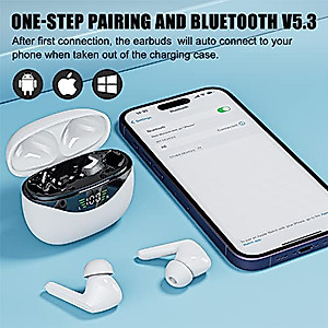 FEANS A6 Wireless Earbuds Bluetooth 5.3 Headphones Built-in Microphone LED Power Display Earphones Waterproof Stereo in Ear Earbuds Immersive Premium Sound with Deep Bass for iPhone Android (White)