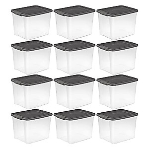 Sterilite ShelfTotes 50 Quart Clear Latched Stacking Plastic Storage Container with Gray Lid for Garage or Basement, (12 Pack)