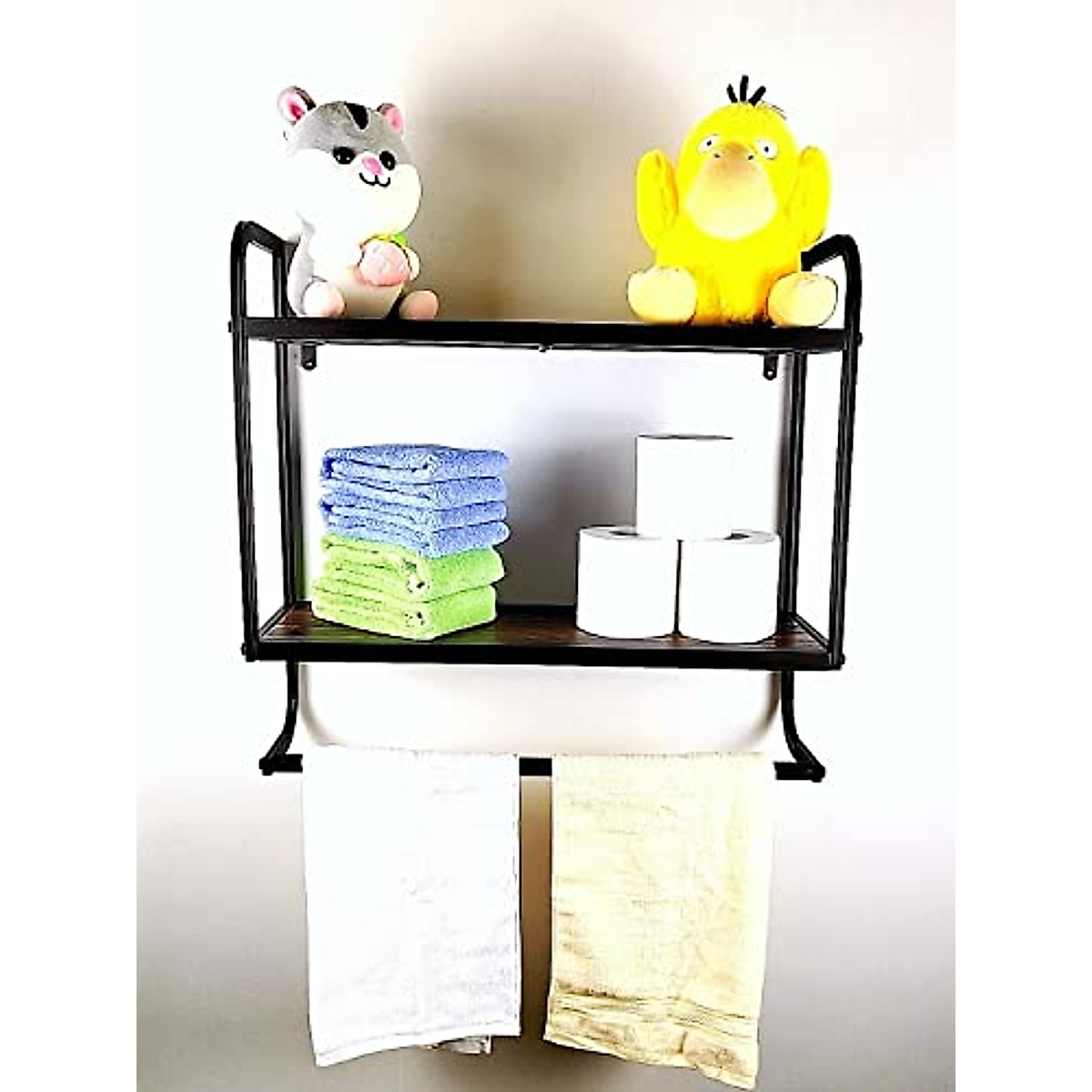 2-Tier Bathroom Shelves Wall Mounted,23.6"L x 7.87"W x 22.8"H, Rustic Wall Shelf Over Toilet,Towel Rack with Towel Bar,Utility Storage Shelf Rack, Floating Shelves Towel Holder,Retro Black