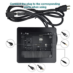 Tabletop Brush Flip Connectivity Box with 2 AC Power + 2 USB Charger + HDMI + 1 3.5mm Audio + USB-C Data + RJ45(cat6) for Conference Room (Black)