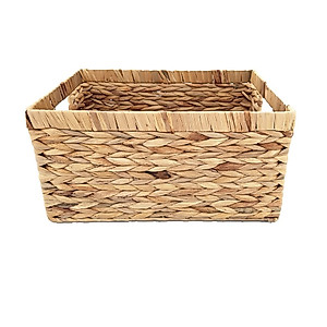 Woven Natural Water hyacinth Rectangular Storage Baskets with inside Handle,Kingwillow(Large)