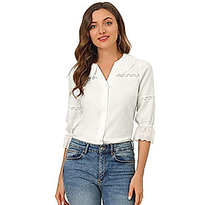 Allegra K Women's Cotton Lace Panel 3/4 Bubble Sleeve Ruffle Neck Blouse X-Small White