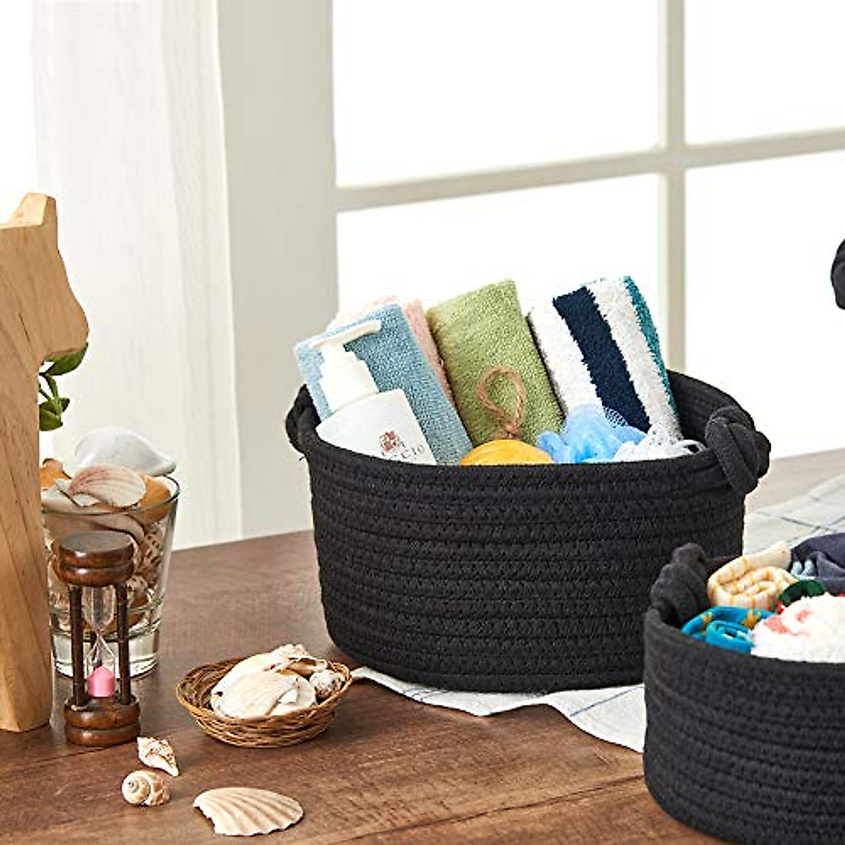 EZOWare Set of 3 Small Nursery Round Cotton Rope Knit Basket Cubes, Woven Storage Organizer Bins for Changing Table, Kids Baby Closets, Room Decor, Dog Cat Toys, Towels, Gift Baskets Empty - Black