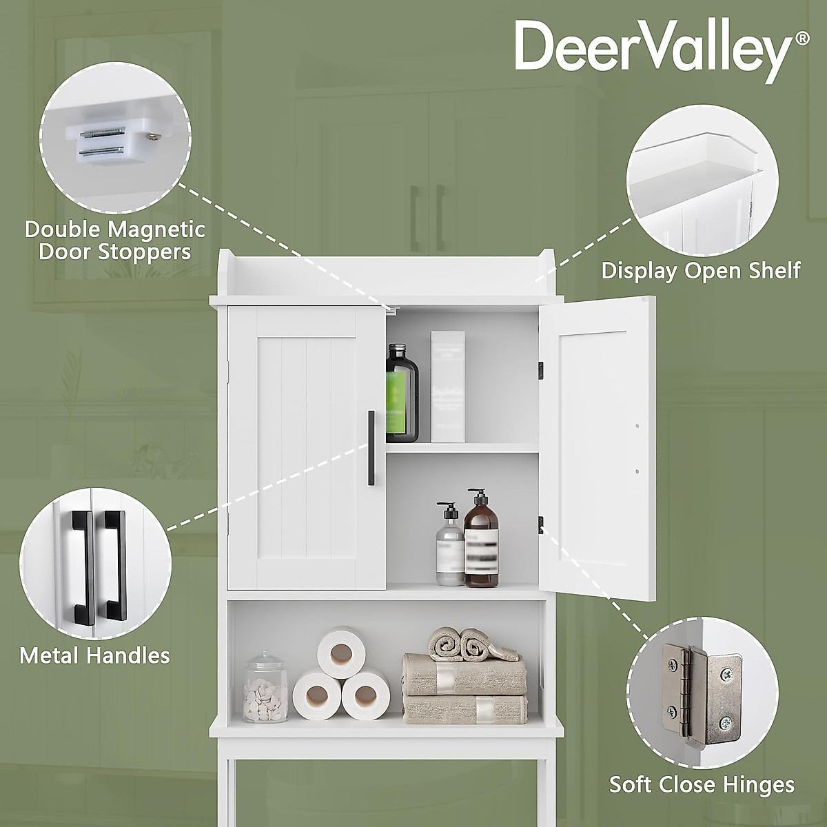 Deer Valley White Over The Toilet Storage Cabinet, Bathroom Storage Cabinet Organizer, Bathroom Shelf Over Toilet, DV-1BS0202