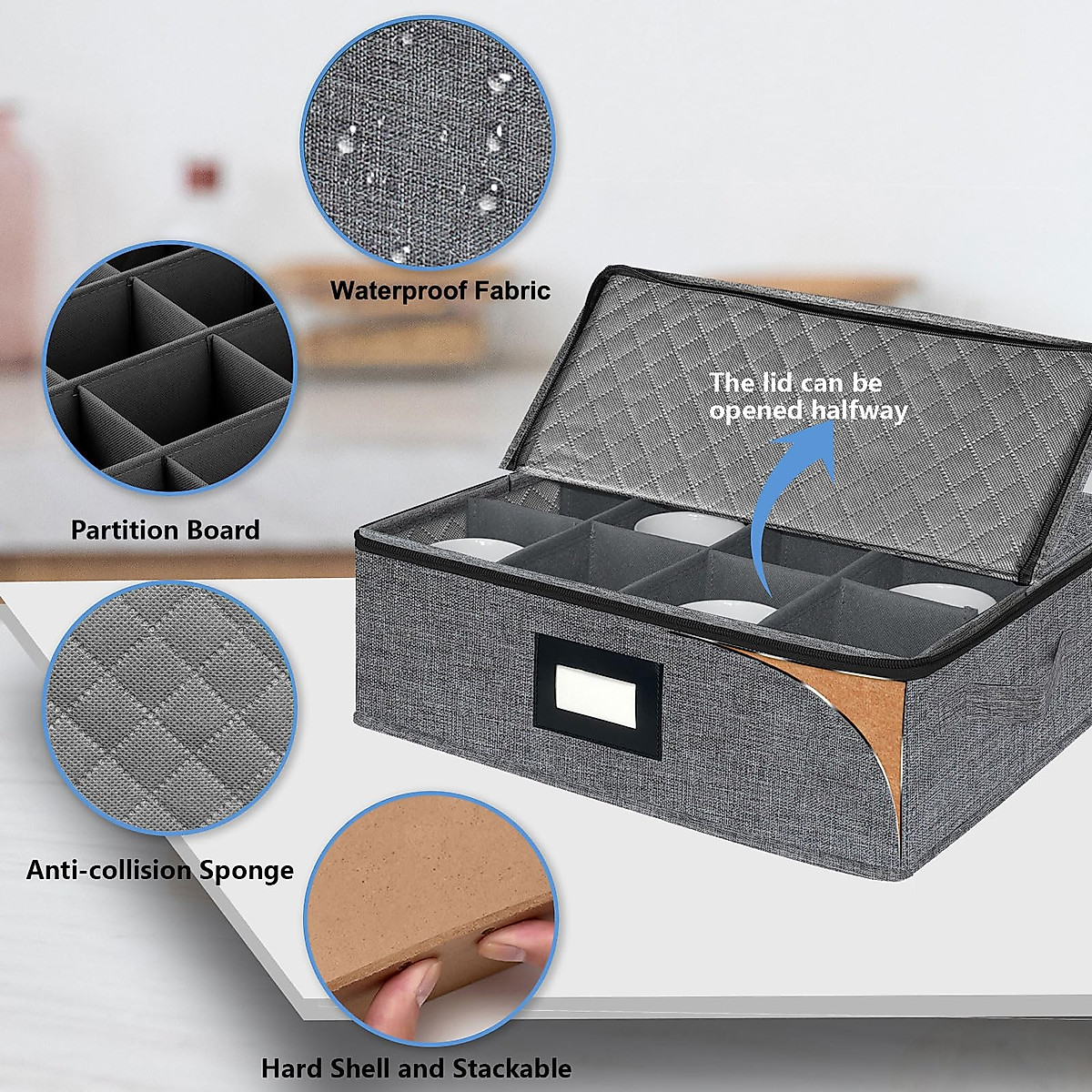 homyfort Mug and Cup Storage with Dividers - Hard Shell and Stackable China Storage Containers with Lid, Label and Handles, Holds 12 Coffee Mugs and Tea Cups (Dark Grey)