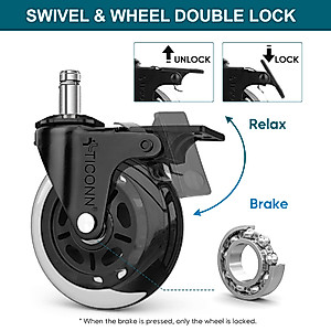 TICONN Office Chair Caster Wheels Set of 5 with Brake, Smooth Locking Wheels Replacement for Tile and Hardwood Floors, Universal Fit for Most Chairs (Transparent)