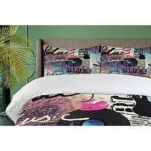 Ambesonne Old Newspaper Duvet Cover Set, Retro Blues Music Genre Old Record Electric Guitars Kiss Inscriptions Grunge, Decorative 3 Piece Bedding Set with 2 Pillow Shams, Queen Size, Dark Lavender