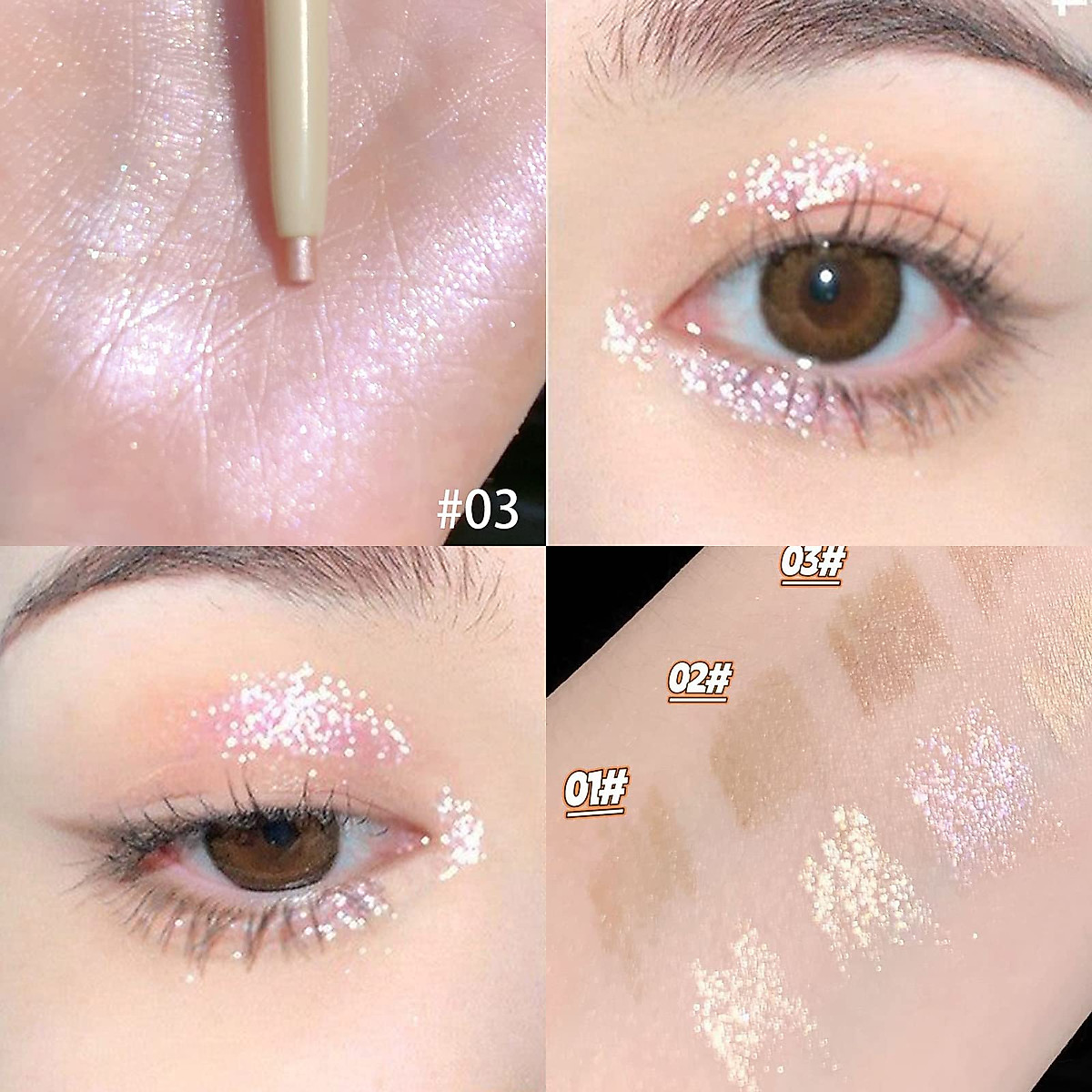 3PC Double Ended Highlighter Makeup Pen, Glitter & Matte Nude EyeLiner & Eyeshadow, Liquid Contour Liner 2 in 1 Eye Brightener Make Up Stick, Mulit-Funtional Long Lasting Lying Silkworm Pencil ( #01, #03, #04 )