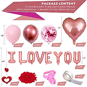CAKKA Valentines Day Balloons Kit, 101 Pack Rose Gold Pink Heart Balloons with Rose Petals, I Love You Balloons for Anniversary Mothers Day Wedding Romantic Decorations Special Night