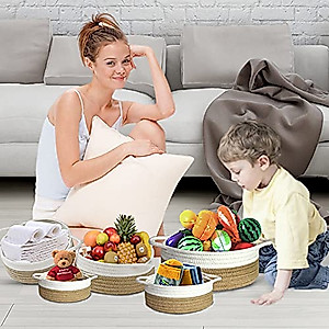 Voilamart Cotton Rope Basket Set of 5,Rope Basket with Handles,Woven Storage Basket,White and Jute Decorative Toy Baskets Set for Baby toys,Makeup