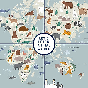 Lenny’s World Animal World Map For Kids - Large 36"x24" Educational Geography Maps For Baby Toddler Wall, Classroom Decor, Linen Canvas With Wood Hanger - Learning Tapestry Poster For Preschool