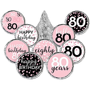 Pink, Black, and White 80th Birthday Party Favor Stickers, Chocolate Kisses Candy Stickers- 180 Count