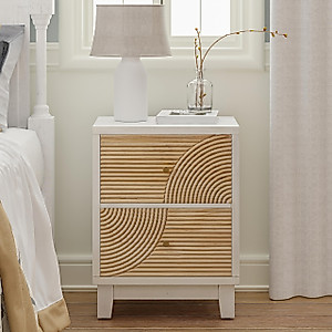 COZAYH 2-Drawer Farmhouse Nightstand X 2P, Mid Century Nightstand Fully Assembled with Handcrafted Wood Ring Pattern for Boho, Mid-Century, Rustic Style, White