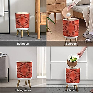 Small Trash Can with Lid Seamless Based on Ornament Paisley Bandana Print Vintage Style Silk Wood Legs Press Cover Garbage Bin Round Waste Bin Wastebasket for Kitchen Bathroom Office 7L/1.8 Gallon