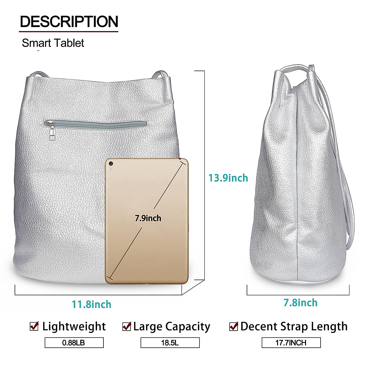 Silver Tote Bag for Women Metallic Purse Large Shoulder Handbags for Ladies Soft Leather Hobo Bucket Bags