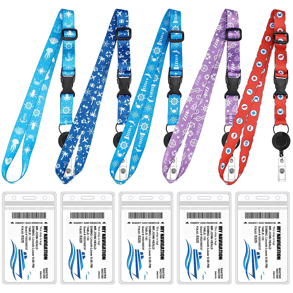 Leinuosen 5 Sets Cruise Lanyard for Ship Cards Ship Essentials Cruise Lanyards Pattern Adjustable Lanyard with Retractable Reel Waterproof ID Badge Holders Accessories(Fresh Style)