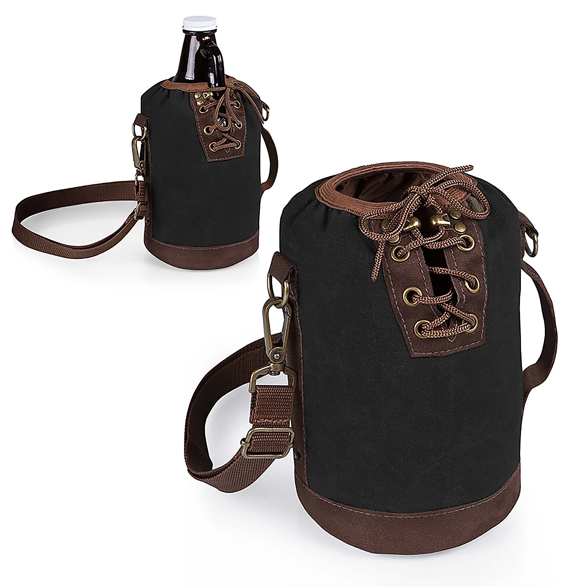 LEGACY - a Picnic Time brand Canvas Lace-up Insulated Growler Tote, Black with Brown Accents