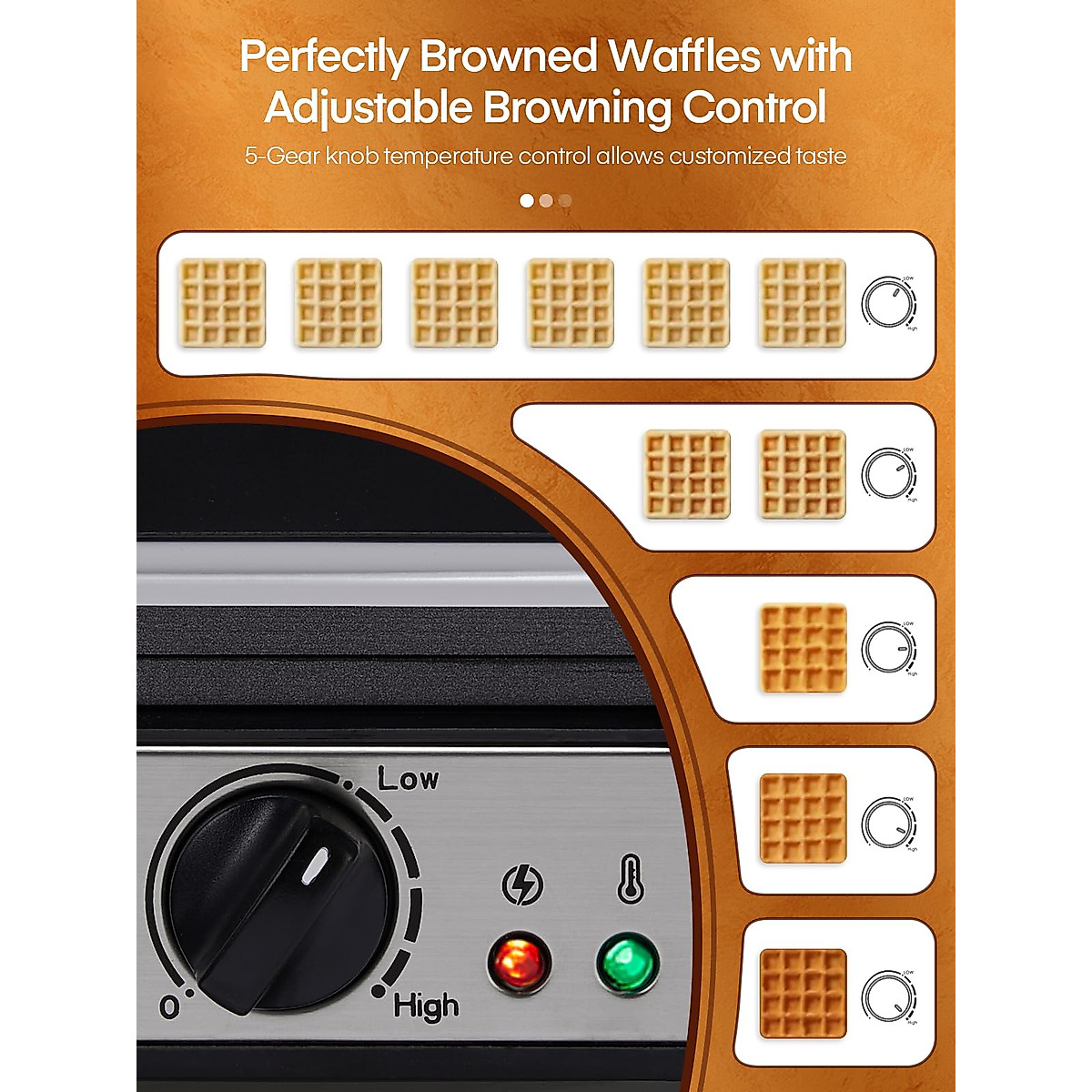 FOHERE Belgian Waffle Maker 4 Slices, 1200W Square Waffle Iron, 5 Browning Levels, Nonstick Plates, Cool-touch Handle, Anti-scald, Anti-overflow, Indicator Lights, Recipe, White