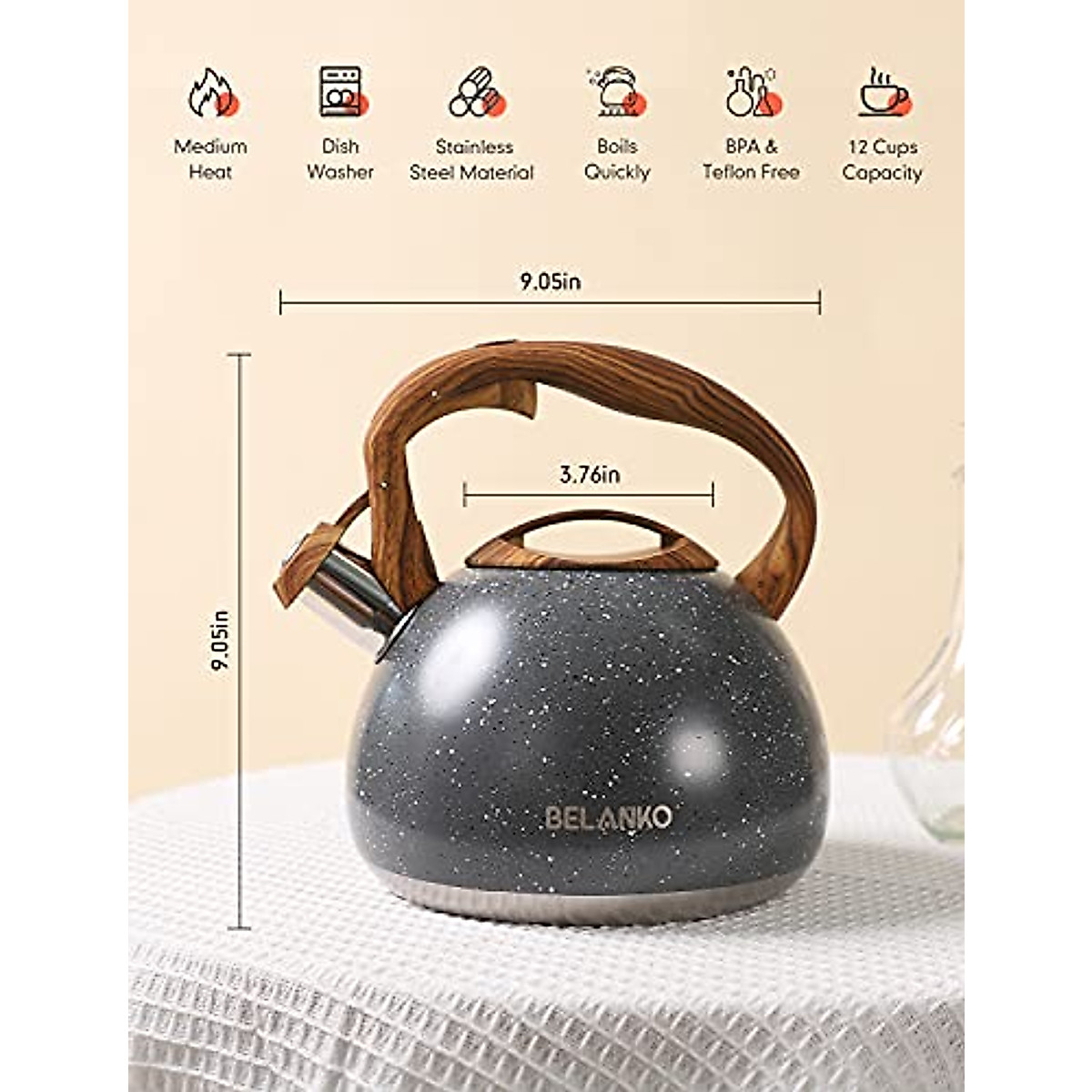 Tea Kettle, 2.7 Quart BELANKO Teapot for Stovetops Wood Pattern Handle with Loud Whistle Food Grade Stainless Steel Tea Pot Water Kettle - Gray