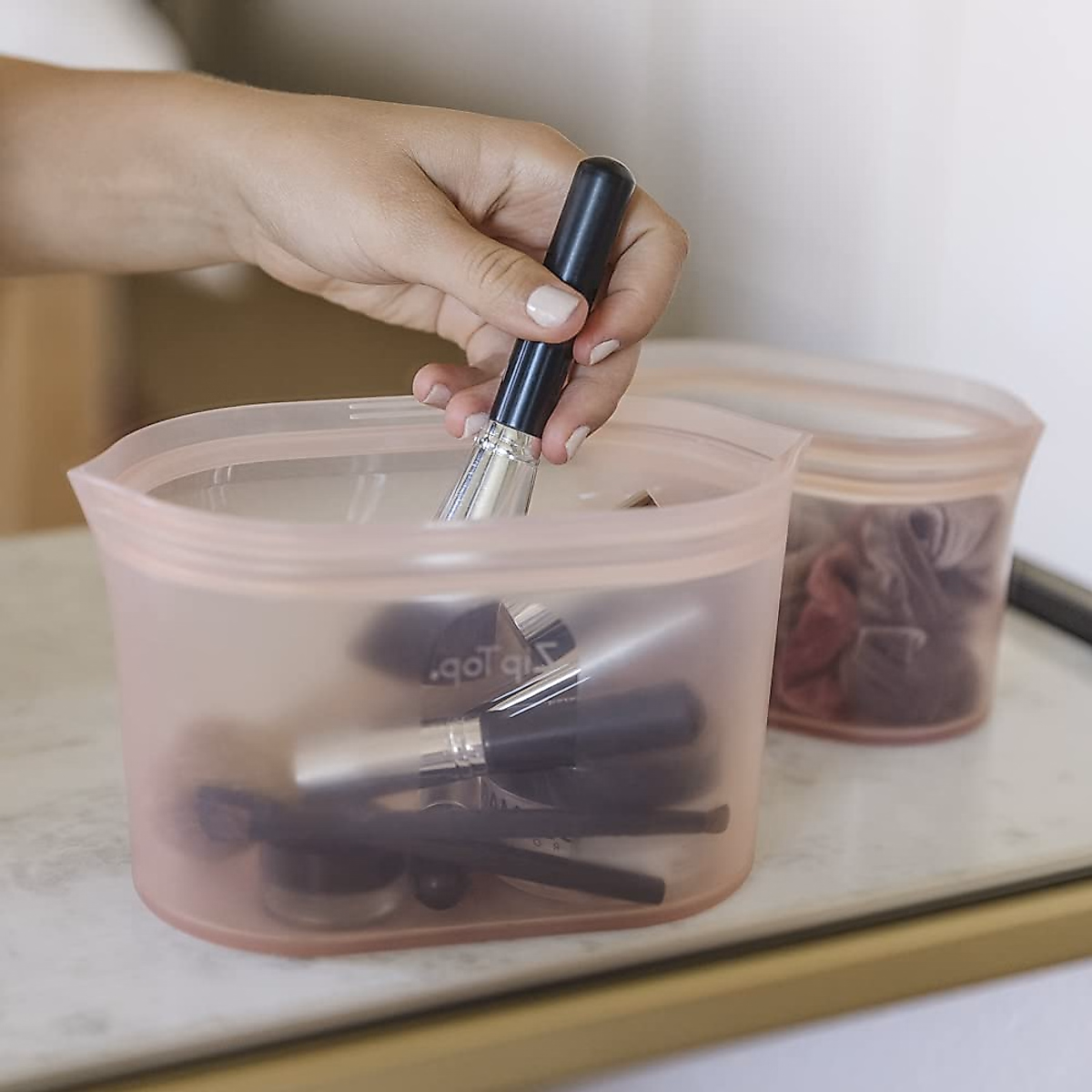 Zip Top Silicone Water-Proof Clear Makeup Bag - 2 Bag Set for Travel