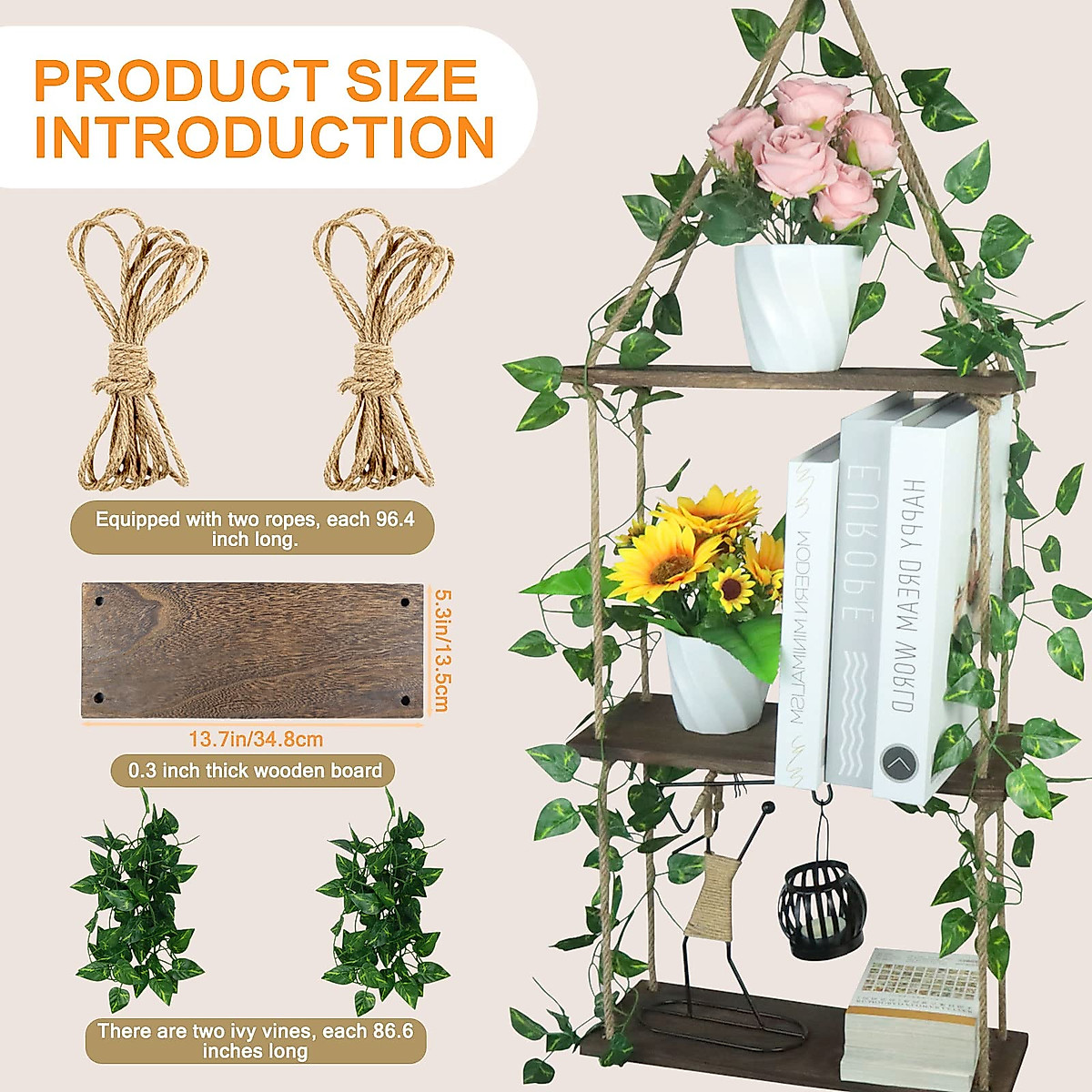 SNOMEL Set of 3 Wood Hanging Shelves with Artificial Ivy & Woven Rope, Rustic Floating Wall Shelves, Hanging Plant Shelf Rack Display for Storage Bedroom Living Room Farmhouse Home Decor