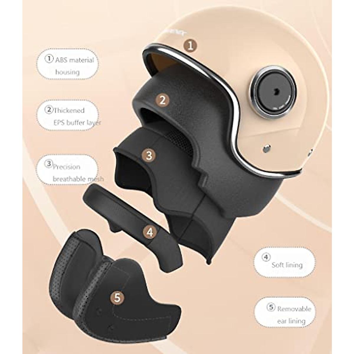 Adults Electric Open Face Bear Ears Motorcycle Helmet, Men Women Motorbike 3/4 Helmet DOT Approved, Retro Vespa Helmet Half Helmet with Visor, for Scooter Cruiser Moped Chopper