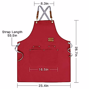 Chef Apron,Cross Back Apron for Men Women with Adjustable Straps and Large Pockets,Canvas,M-XXL (Red)