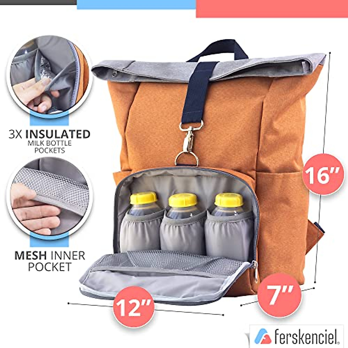 Ferskenciel Diaper Bag Backpack – Minimalist Multi Function Large Durable Stylish Travel Maternity Baby Girl Boy Nappy Bag with Stroller Straps, Insulated Bottle Pockets, Parents Pocket, Brown Grey