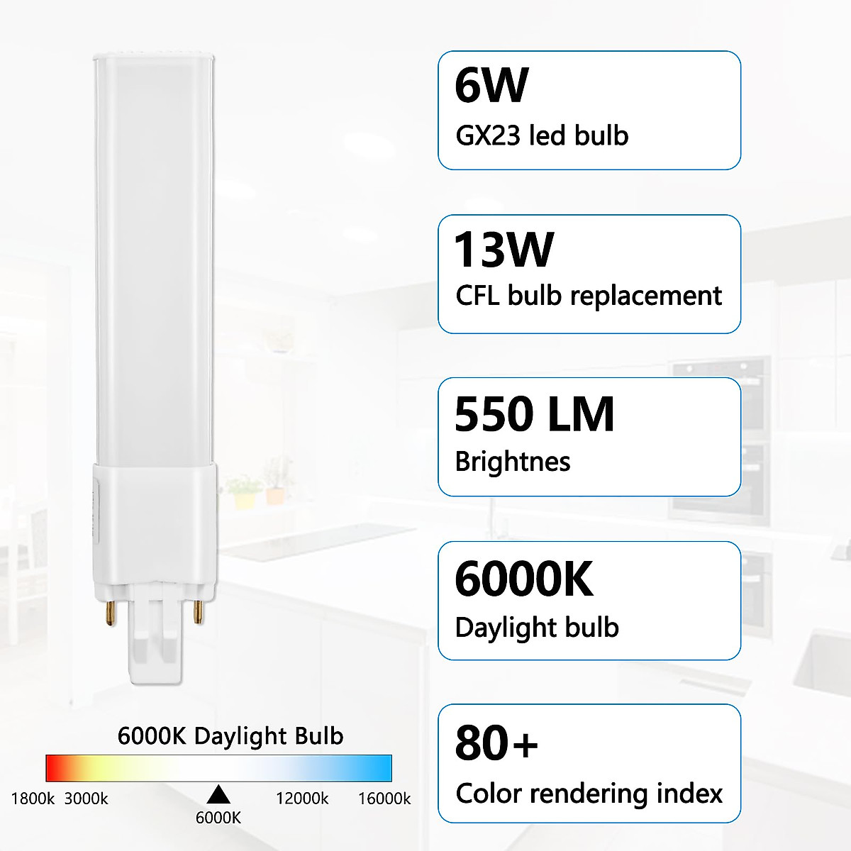 HengBO GX23 LED Bulb, 6W PL Horizontal Lamp, 13W CFL Bulb Equivalent, 180° Beam Angle, 6000K Daylight Recessed Down Light Bulb (Remove/Bypass The Ballast) – 2 Pack