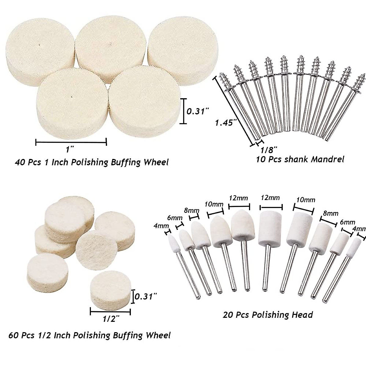 Felt Wool Polishing Buffing Pad Set Wheel Grinding Head Point & Mandrel Kit Accessories Tools Compatible for Dremel