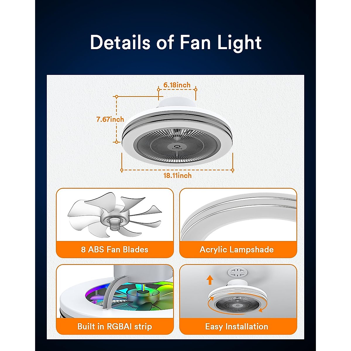 Lumary Smart WiFi & Bluetooth Ceiling Fan with RGBAI Light, 18 Inch, 6 Speeds, Reversible - Compatible with Alexa, Google Assistant, Remote Control