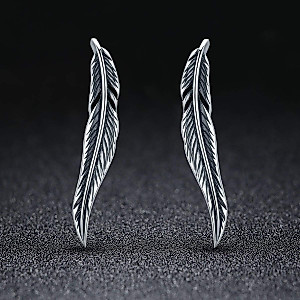 SLUYNZ 925 Sterling Silver Feather Crawler Earrings for Women Climber Earrings Cuff Earrings Wrap (A-Silver)